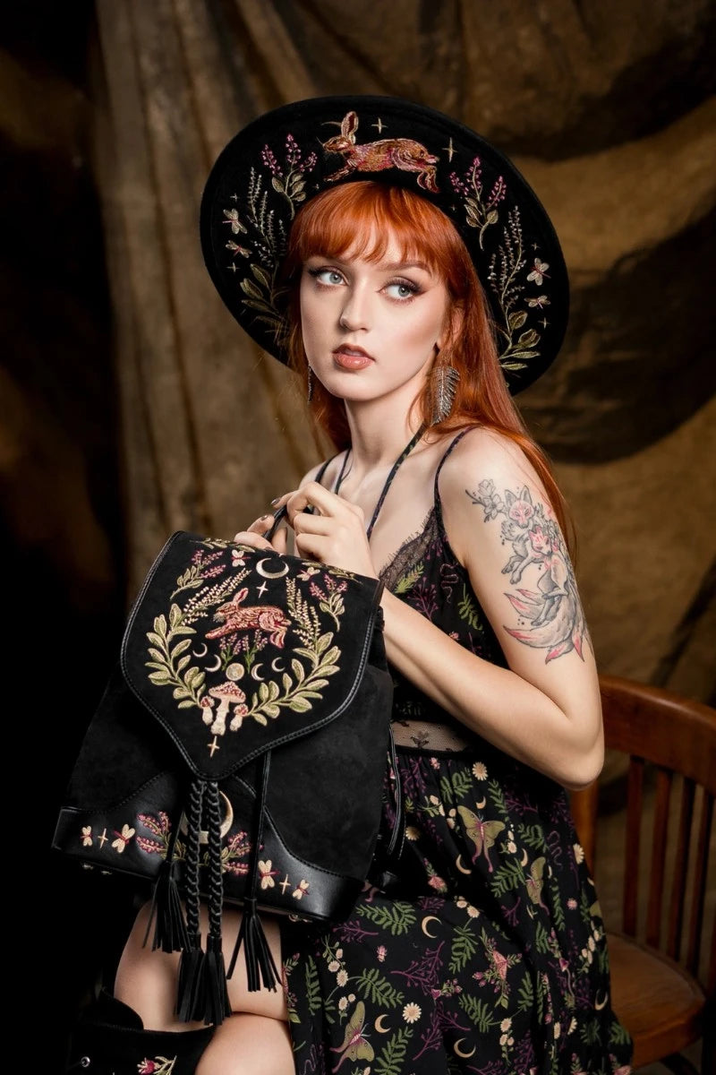 Restyle Hare Moon Backpack – Black Embroidered Vegan Satchel | Ro Rox