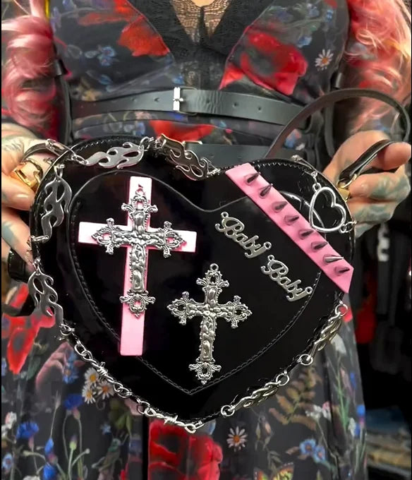 Ro Rox Heart Fire Barbed Wire Cross Studded Shoulder Bag | Ro Rox