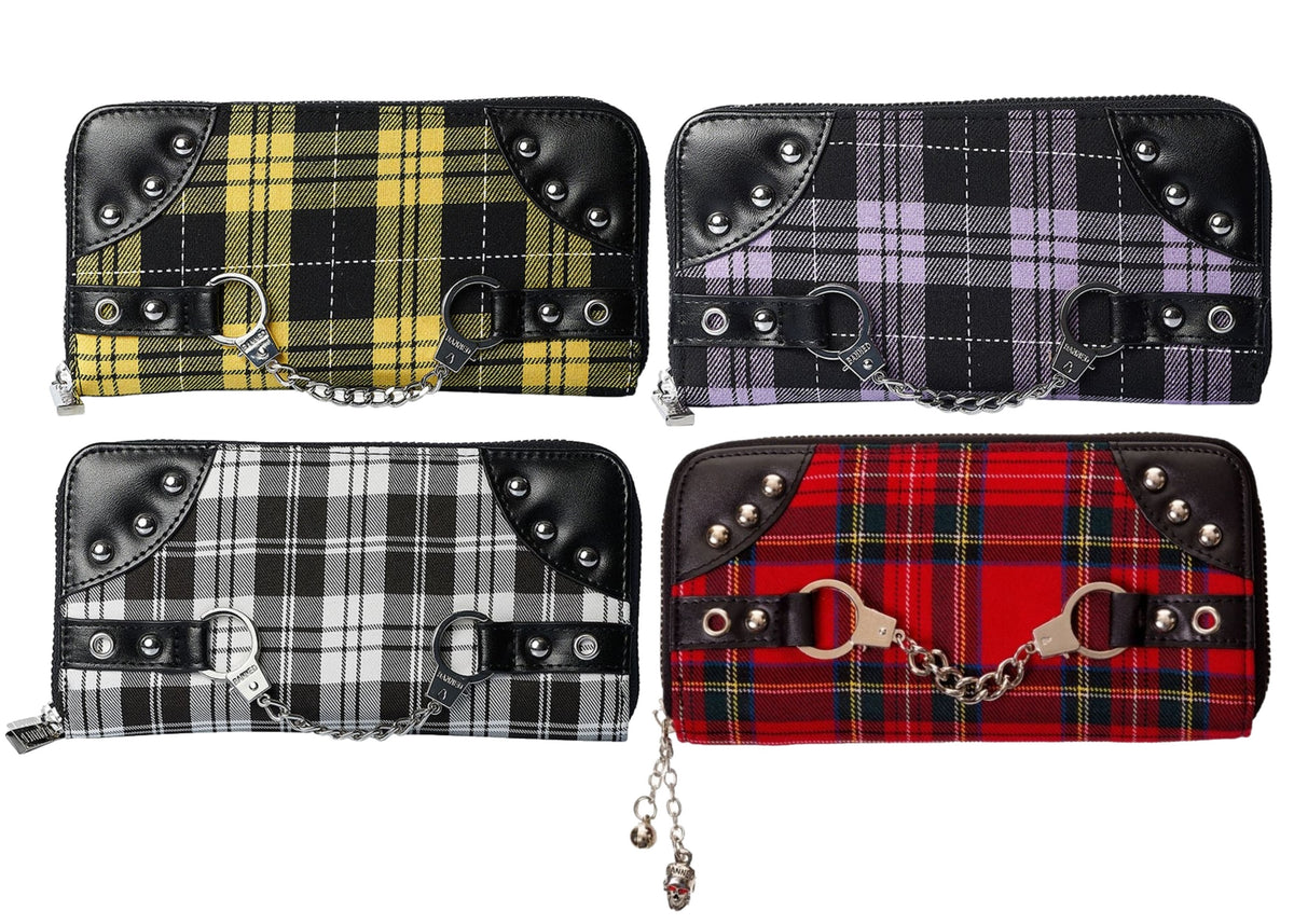 Banned Handcuff Wallet Tartan Punk Studded, Black-White | Ro Rox